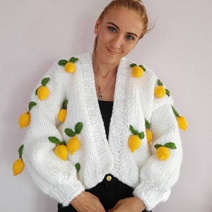 Handmade White Lemon Cardigan, Chunky Knit Lemon Pattern Women Cardigan ...
