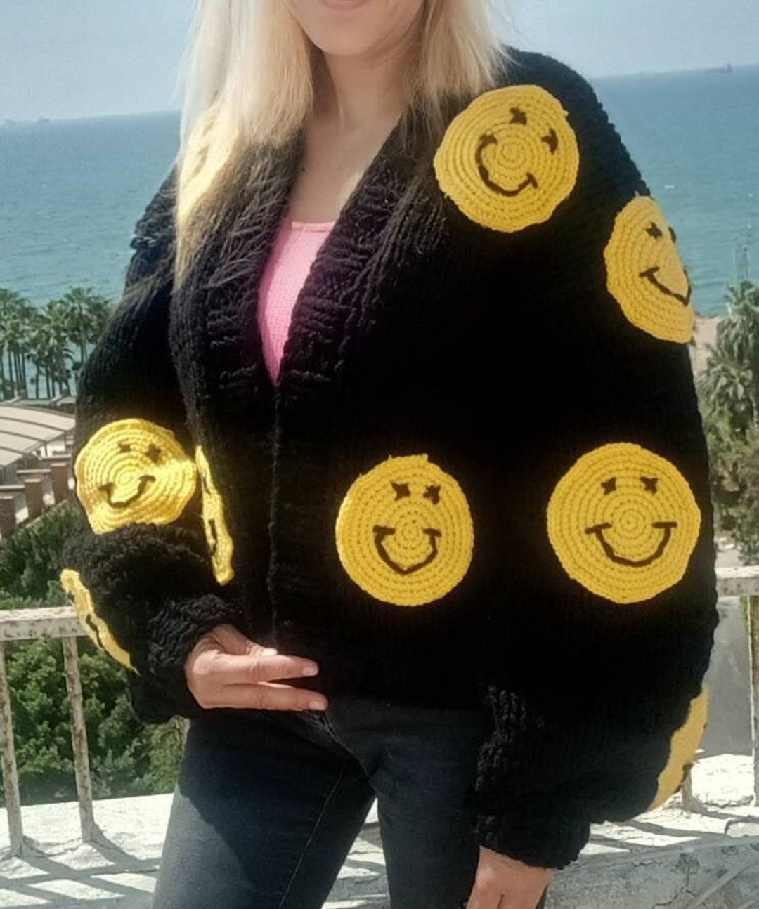 Handmade Knitted Cardigan, Black Thick Cardigan, Yellow Emoji Cardigan ...