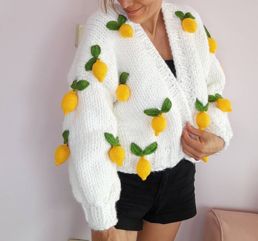 Handmade White Lemon Cardigan, Chunky Knit Lemon Pattern Women Cardigan ...