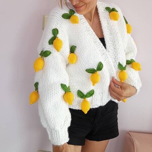 Handmade White Lemon Cardigan, Chunky Knit Lemon Pattern Women Cardigan ...