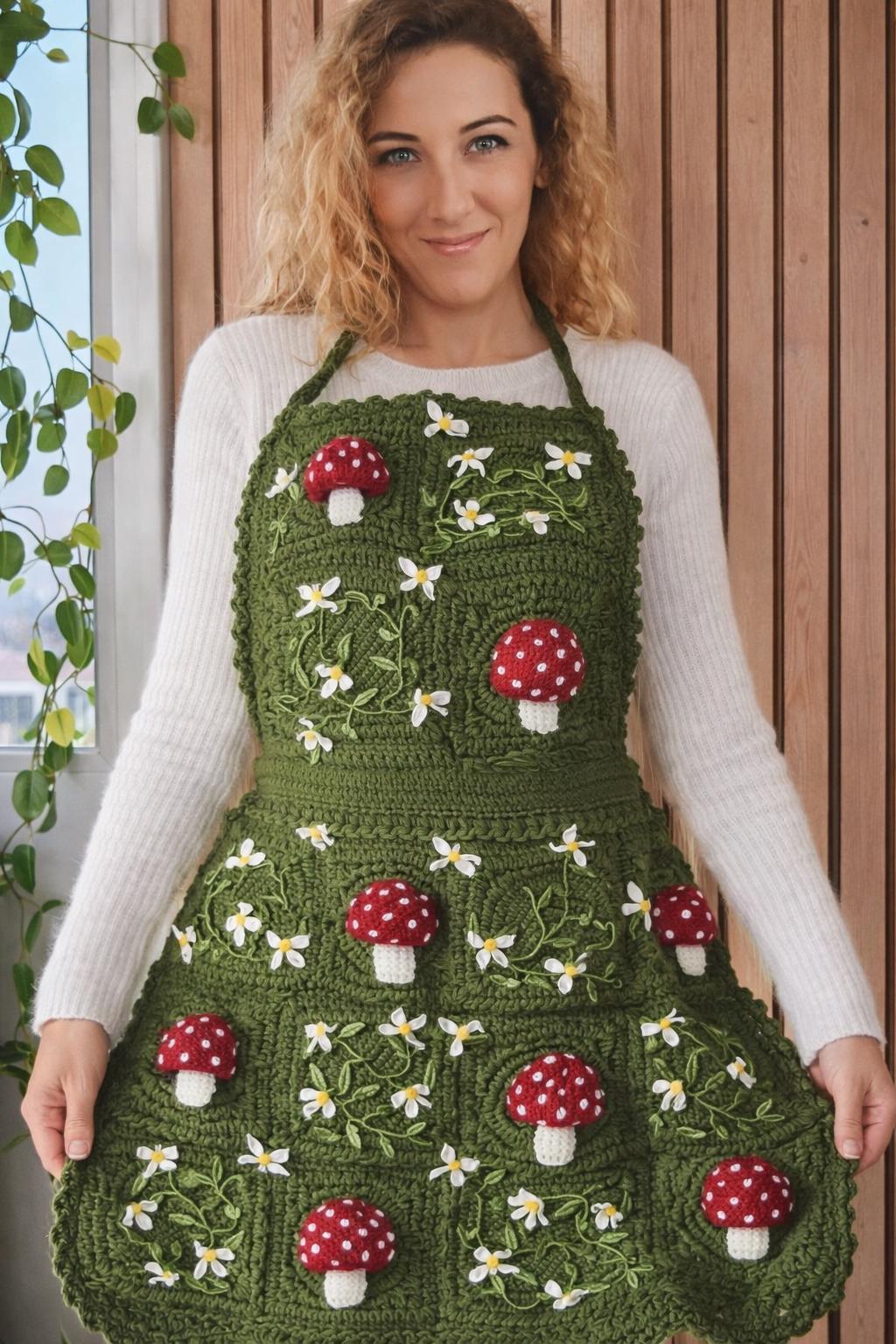 Handmade Knitted Mushroom Apron: Embroidered Green Kitchen Apron - Etsy