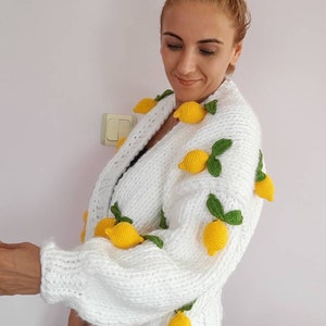 Handmade White Lemon Cardigan, Chunky Knit Lemon Pattern Women Cardigan Trendy Hand Knitted ...