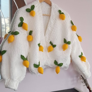 Handmade White Lemon Cardigan, Chunky Knit Lemon Pattern Women Cardigan ...