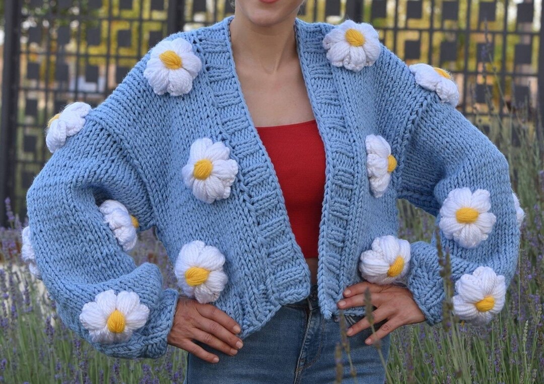 Handmade Knitted Cardigan, Blue Thick Women's Jacket, White Daisy ...