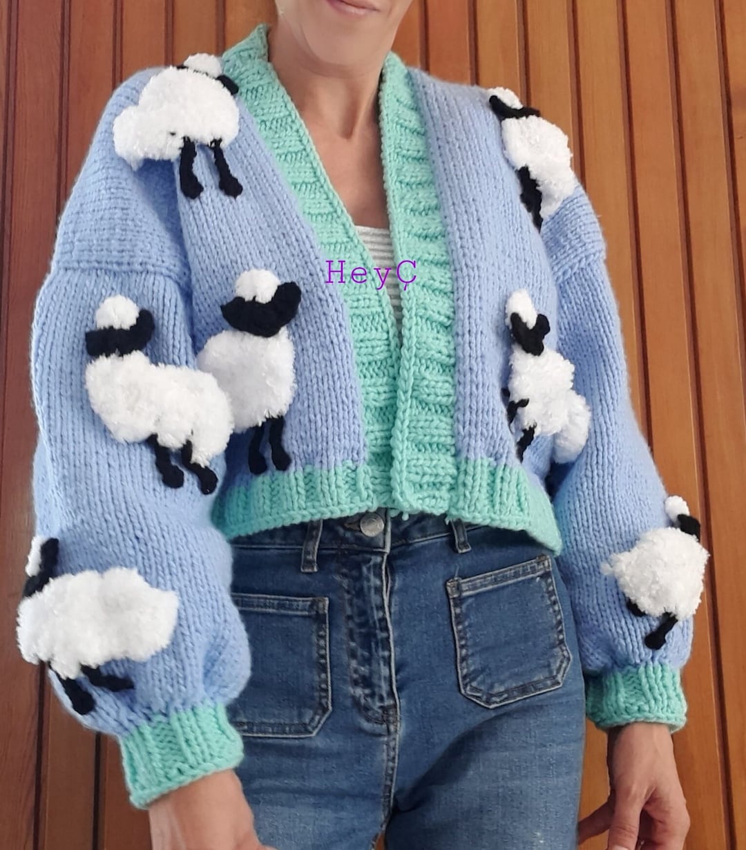 Blue Lamb Embroidered Knit Cardigan, White Sheep Embroidered Women's ...