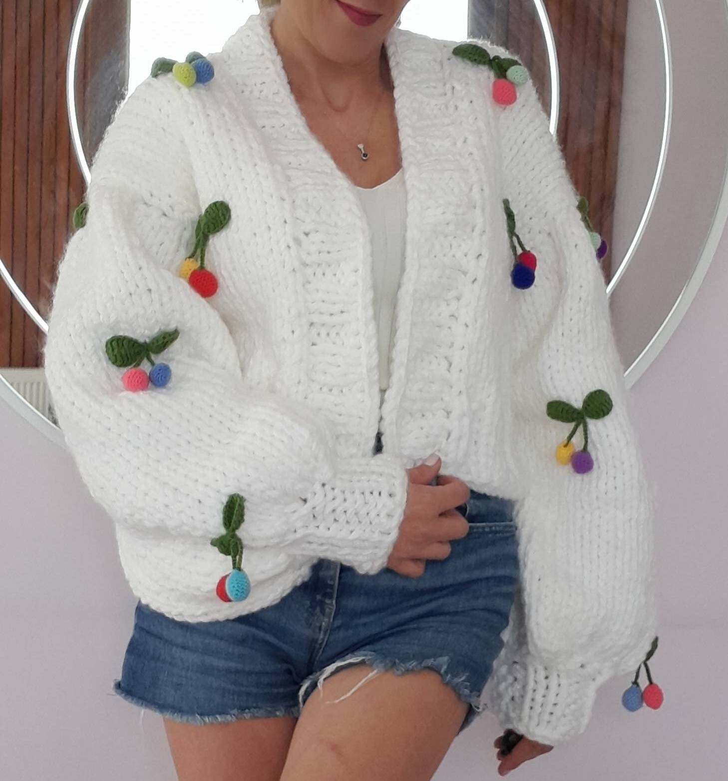 Cherry Cardigan Handmade Knitted Cardigan White Women's - Etsy