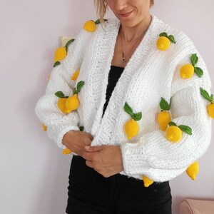 Handmade White Lemon Cardigan, Chunky Knit Lemon Pattern Women Cardigan ...