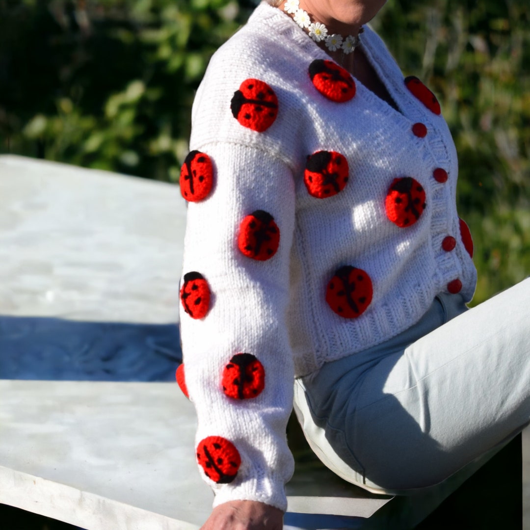 Handmade Ladybug Embroidered Cardigan, White Knit Sweater, Women's ...