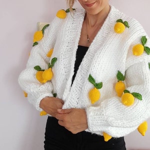 Lemon Pattern Thick White Cardigan Lemon Themed White Thick - Etsy