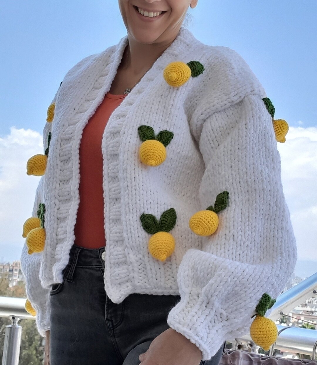 Handmade Knitted Lemon Cardigan: 3D Embroidered White Jacket - Etsy