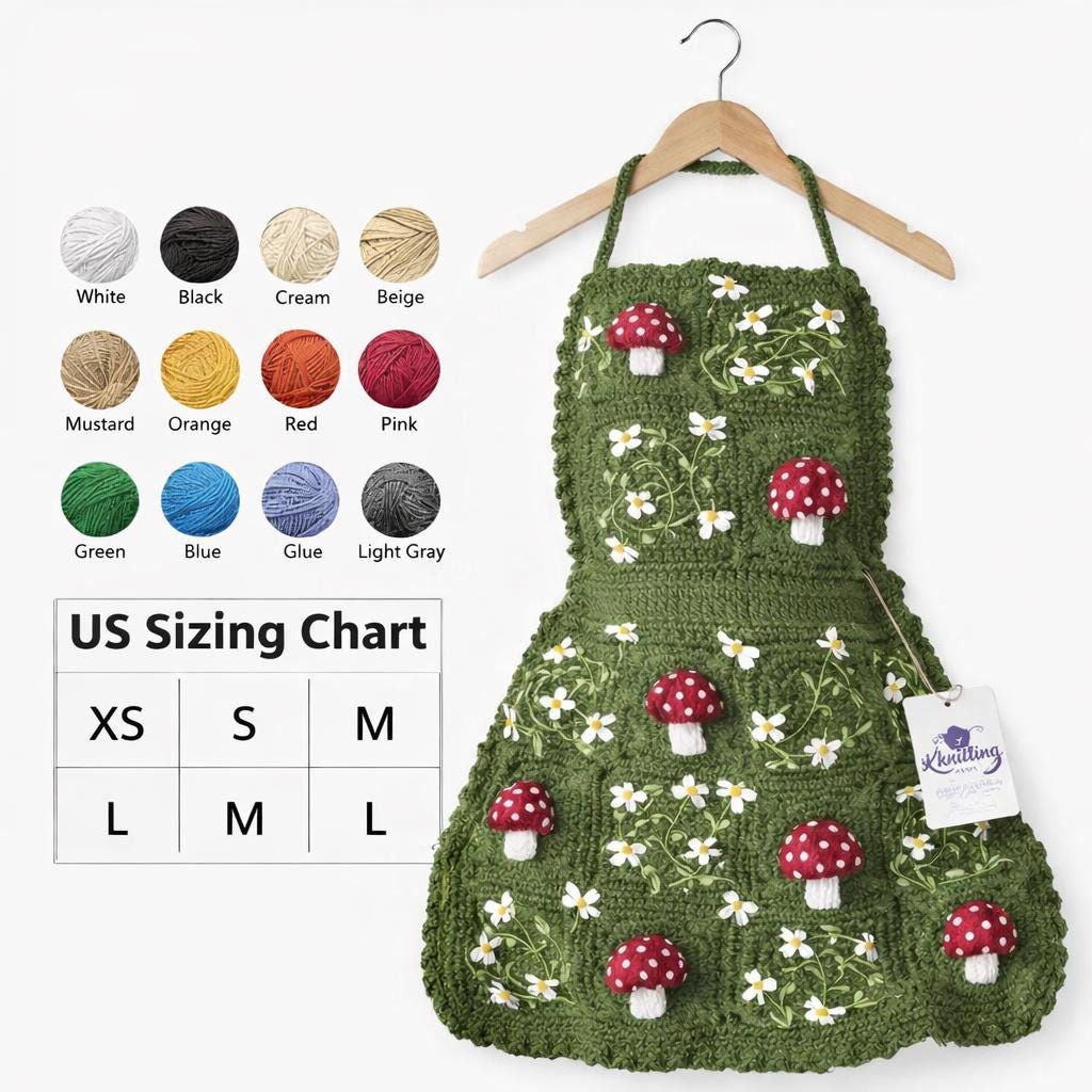 Handmade Knitted Mushroom Apron: Embroidered Green Kitchen Apron - Etsy