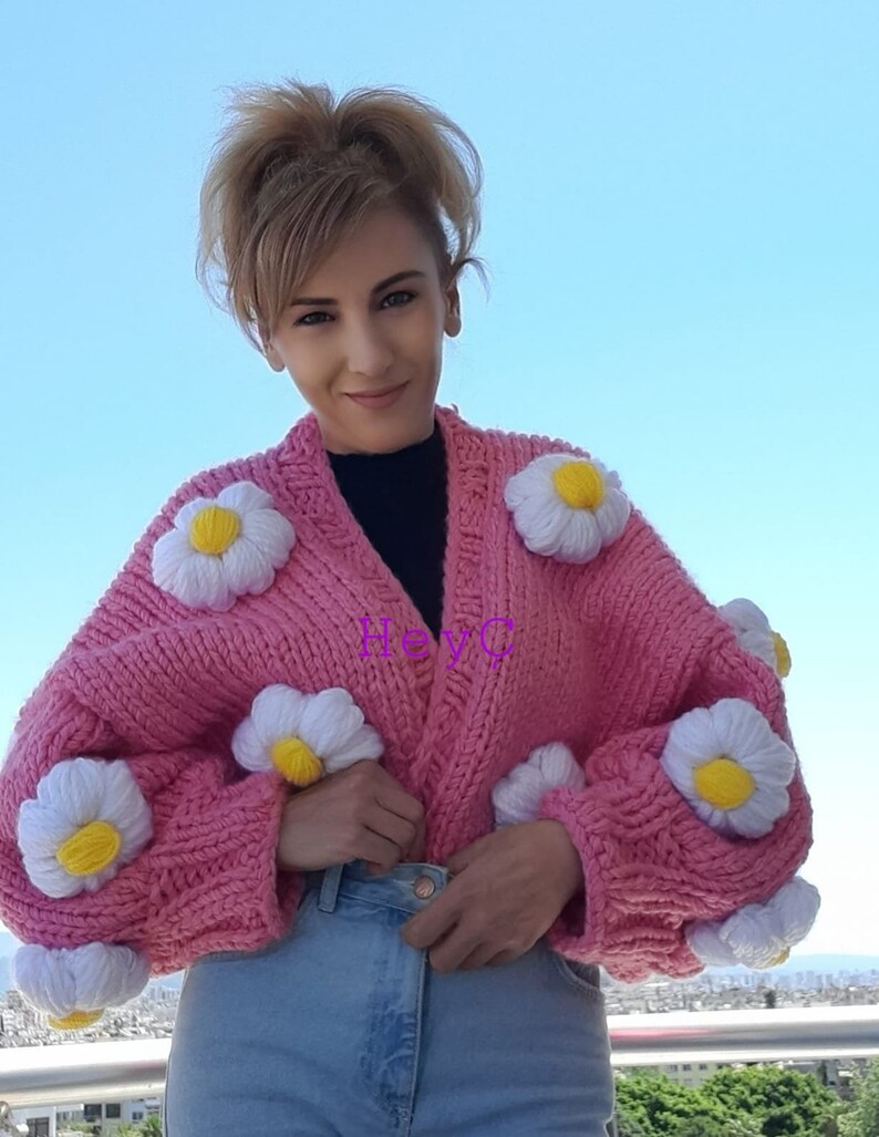 Handmade Daisy Motif Cardigan Pink Knit Thick Women's - Etsy