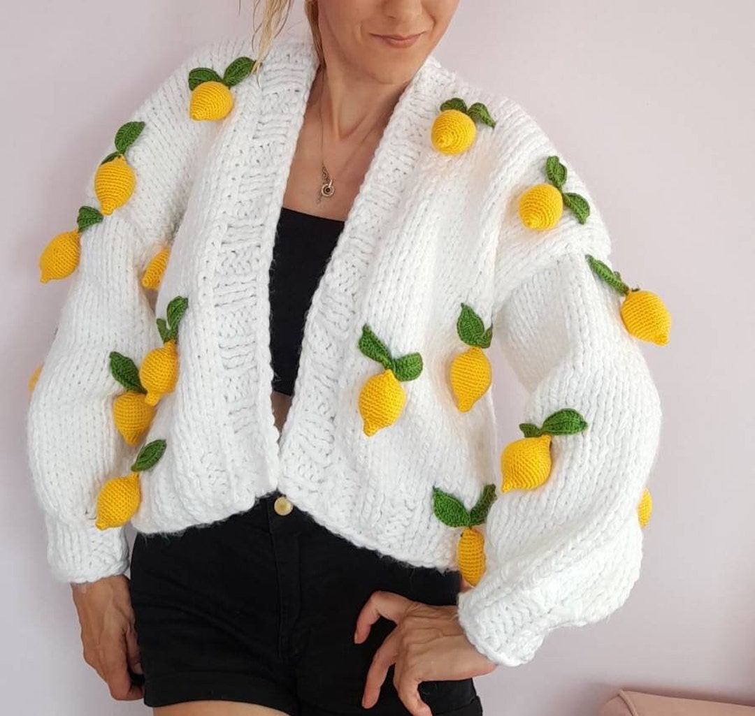 Lemon Pattern Thick White Cardigan Lemon Themed White Thick - Etsy