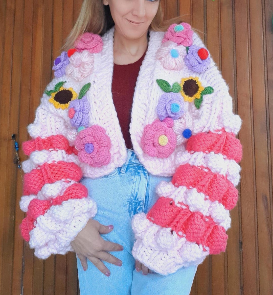 Knitted Cardigan, Large Flower Embroidered Cardigan, Gift for Women ...