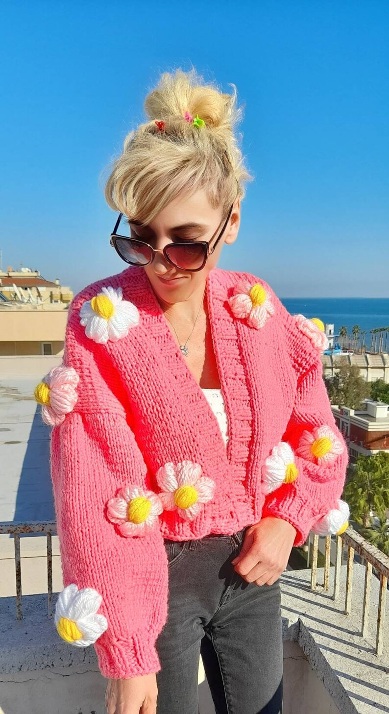 Daisy Knit Jacket Chunky Knit Product Handmade Daisy Pink | Etsy