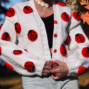 Handmade Ladybug Embroidered Cardigan, White Knit Sweater, Women's ...