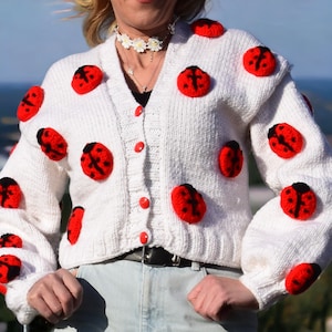 Handmade Ladybug Embroidered Cardigan, White Knit Sweater, Women's ...