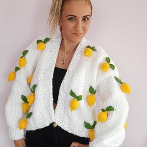 Handmade White Lemon Cardigan, Chunky Knit Lemon Pattern Women Cardigan ...