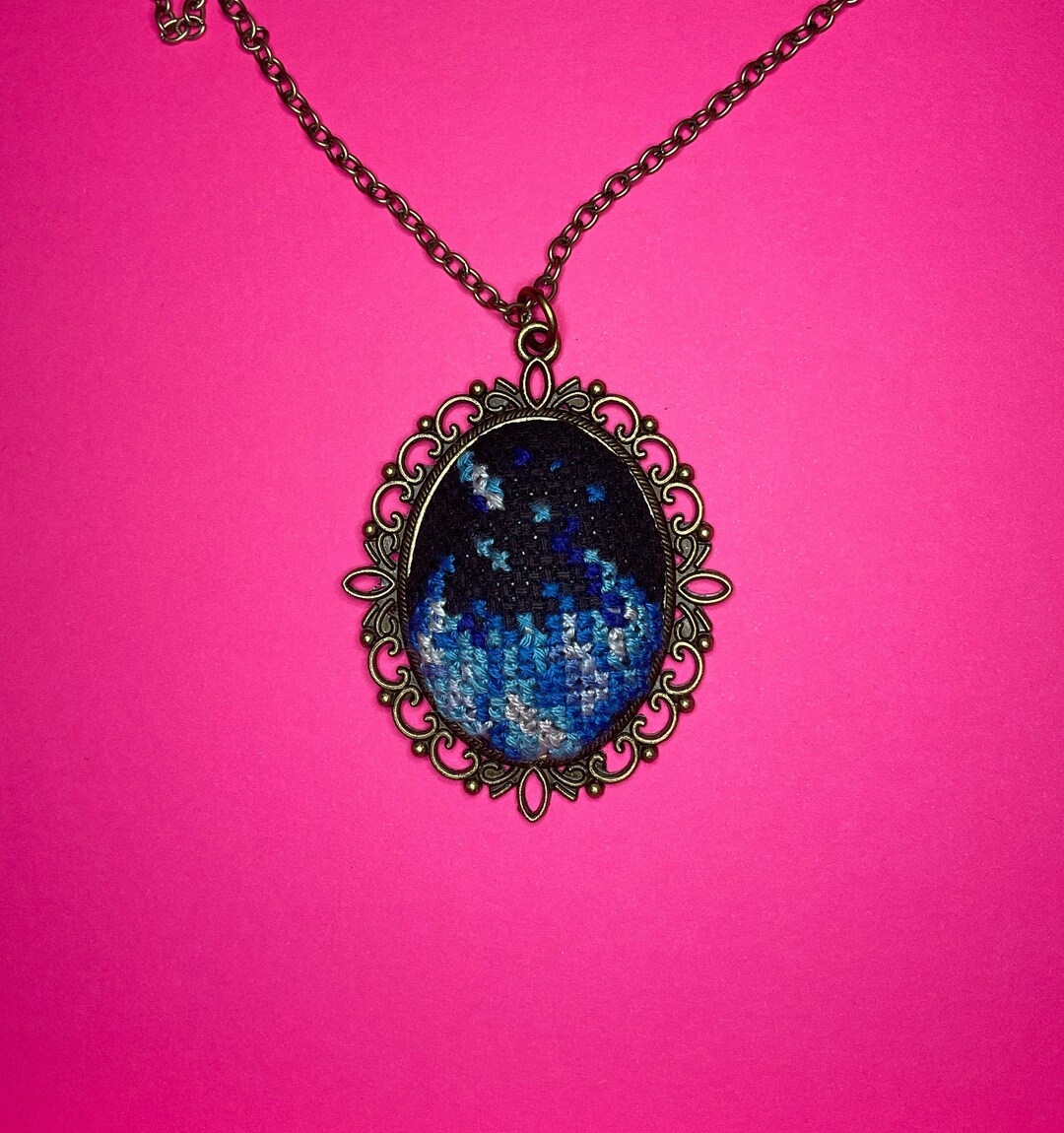 Blue Flame Cross Stitch Necklace - Etsy