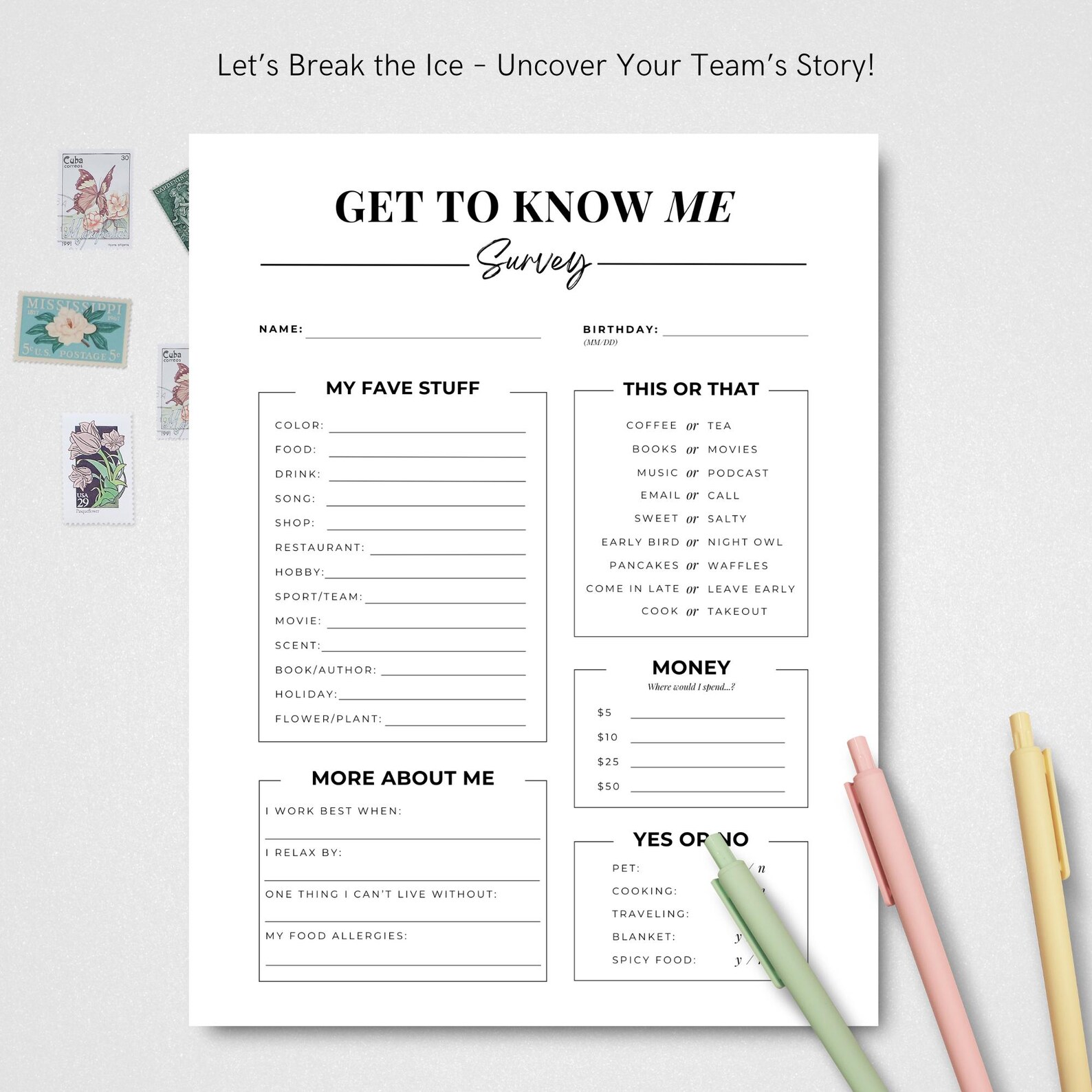 Team Building Get to Know Me Questionnaire Printable, All About Me ...