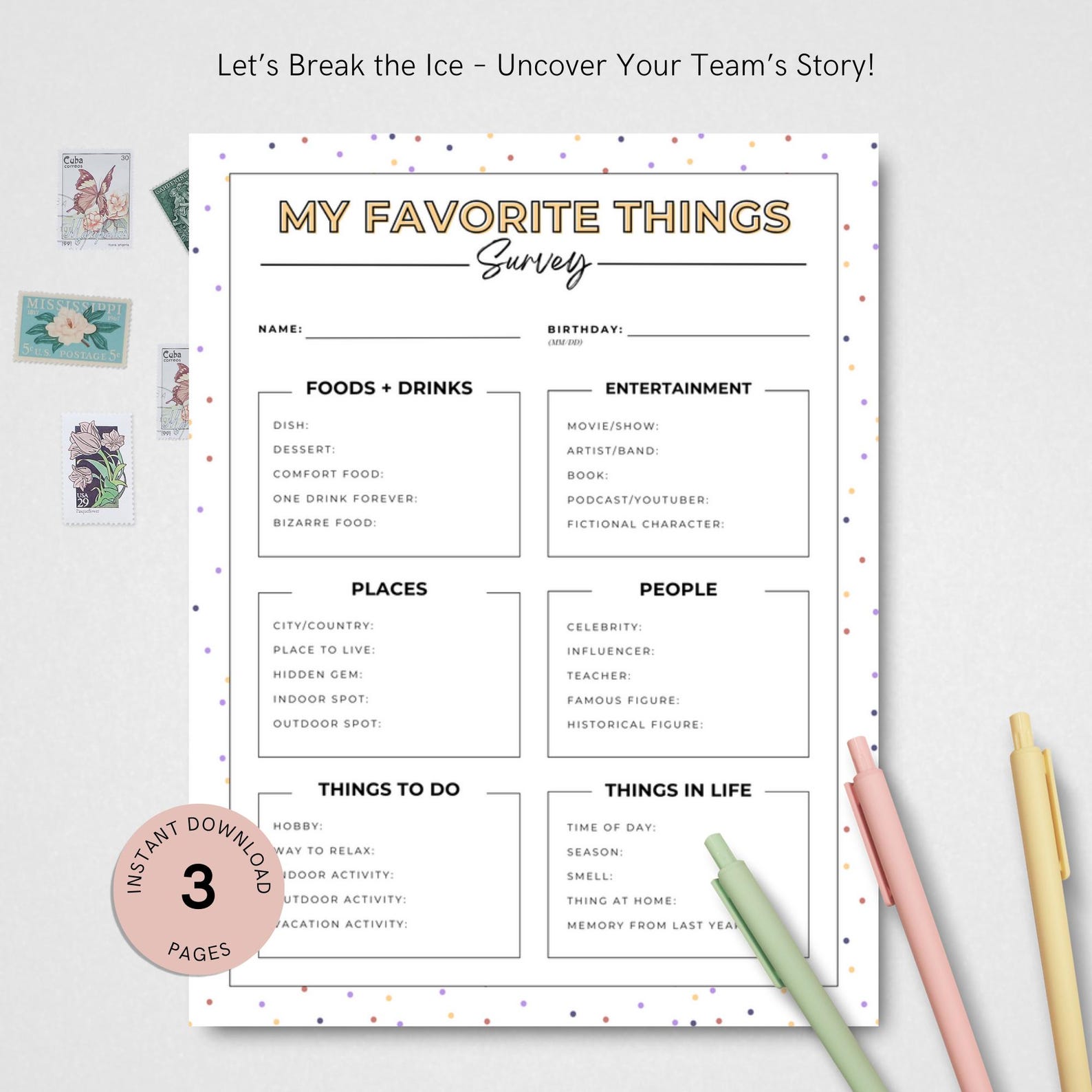 My Favorite Things Survey Questionnaire, Favorite Things List, All ...