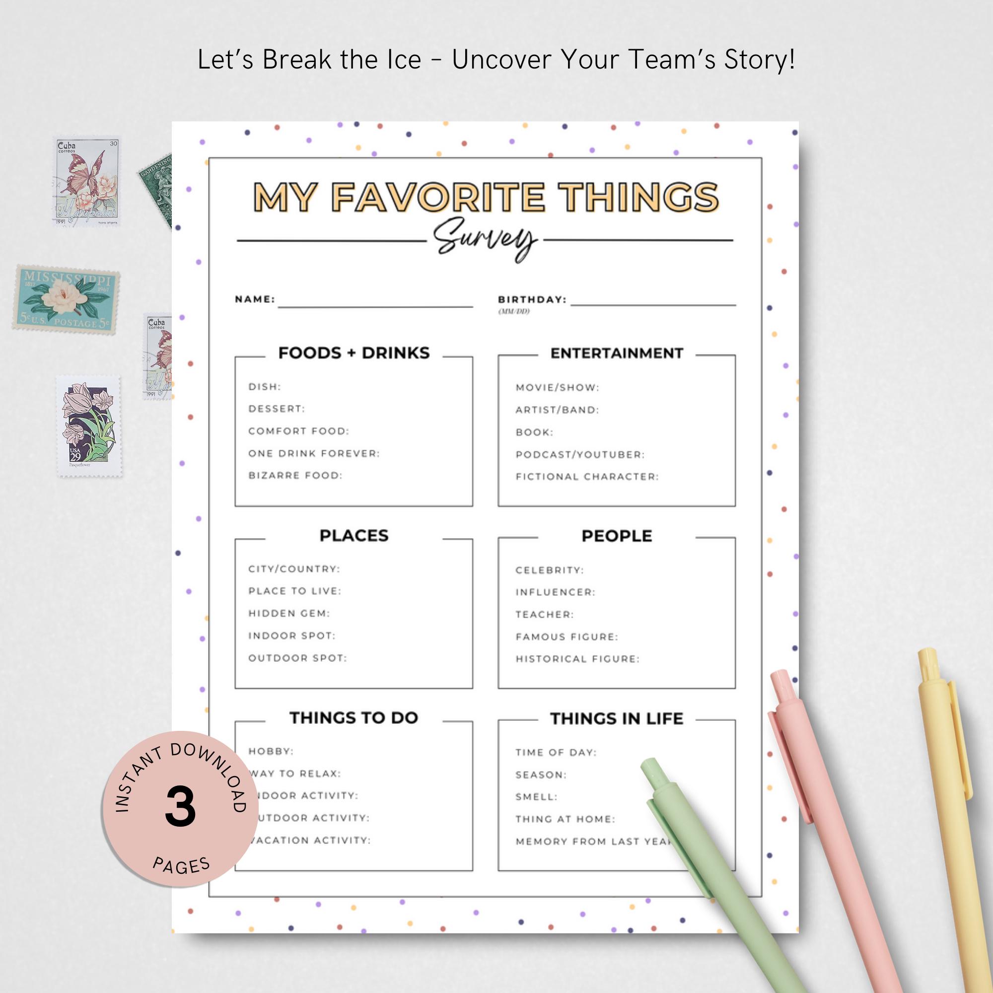 My Favorite Things Survey Questionnaire, Favorite Things List, All ...
