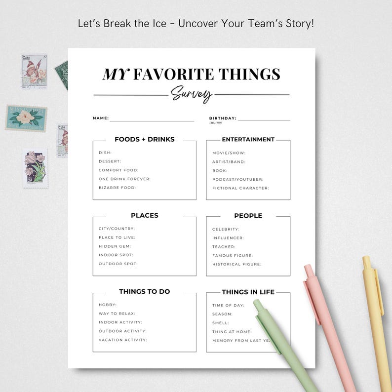 My Favorite Things Survey Questionnaire, Favorite Things List, All ...