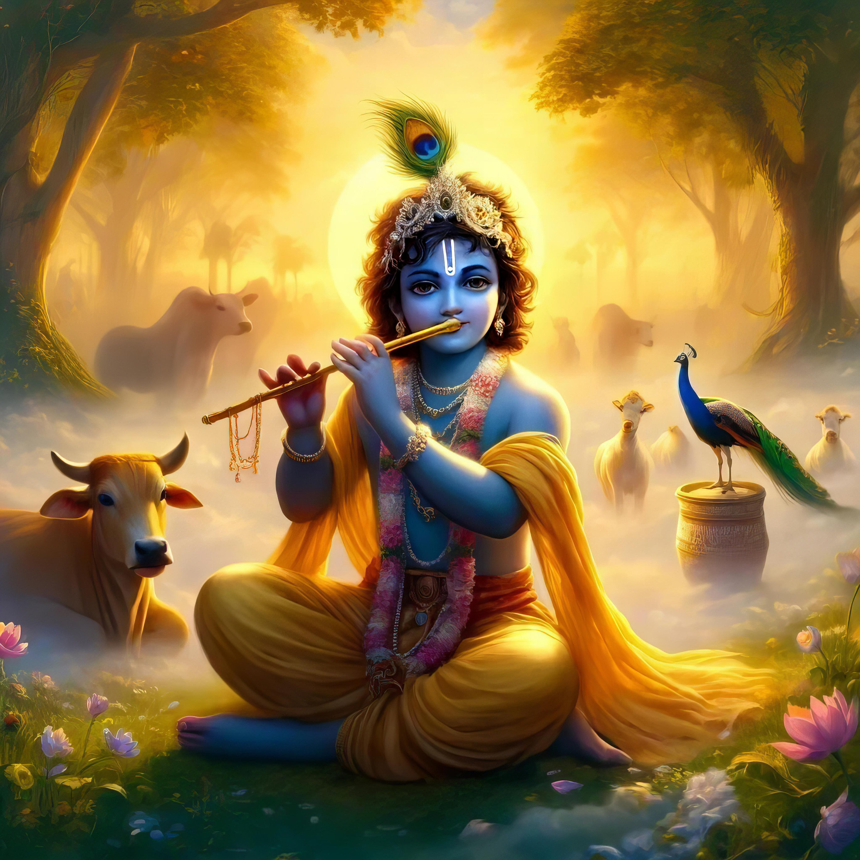 Krishna at Vrindavan Playing Flute Digital Art Painting Vrindavan ...