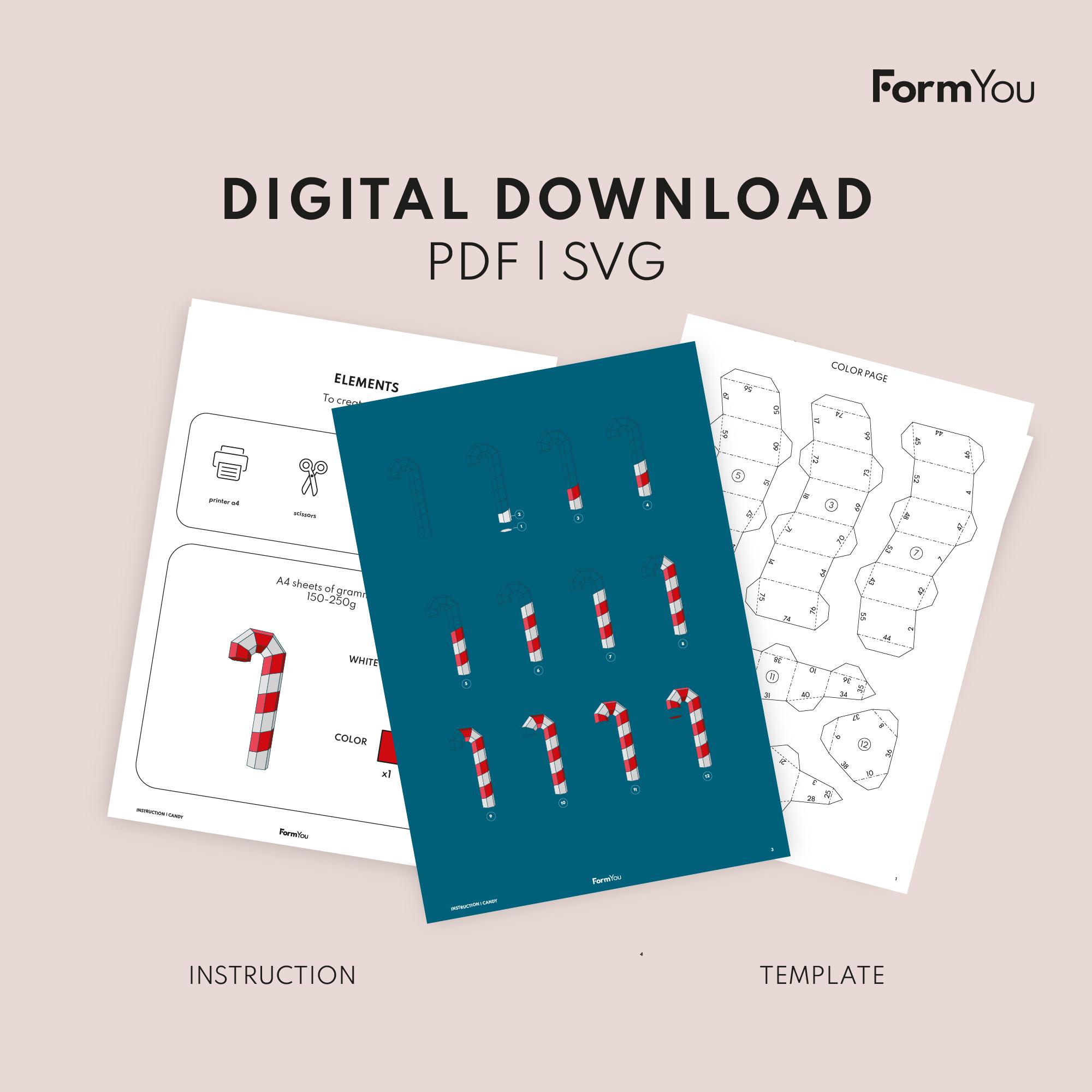 DIY Papercraft Candy Cane Template: Low Poly Christmas Decor (PDF, SVG ...