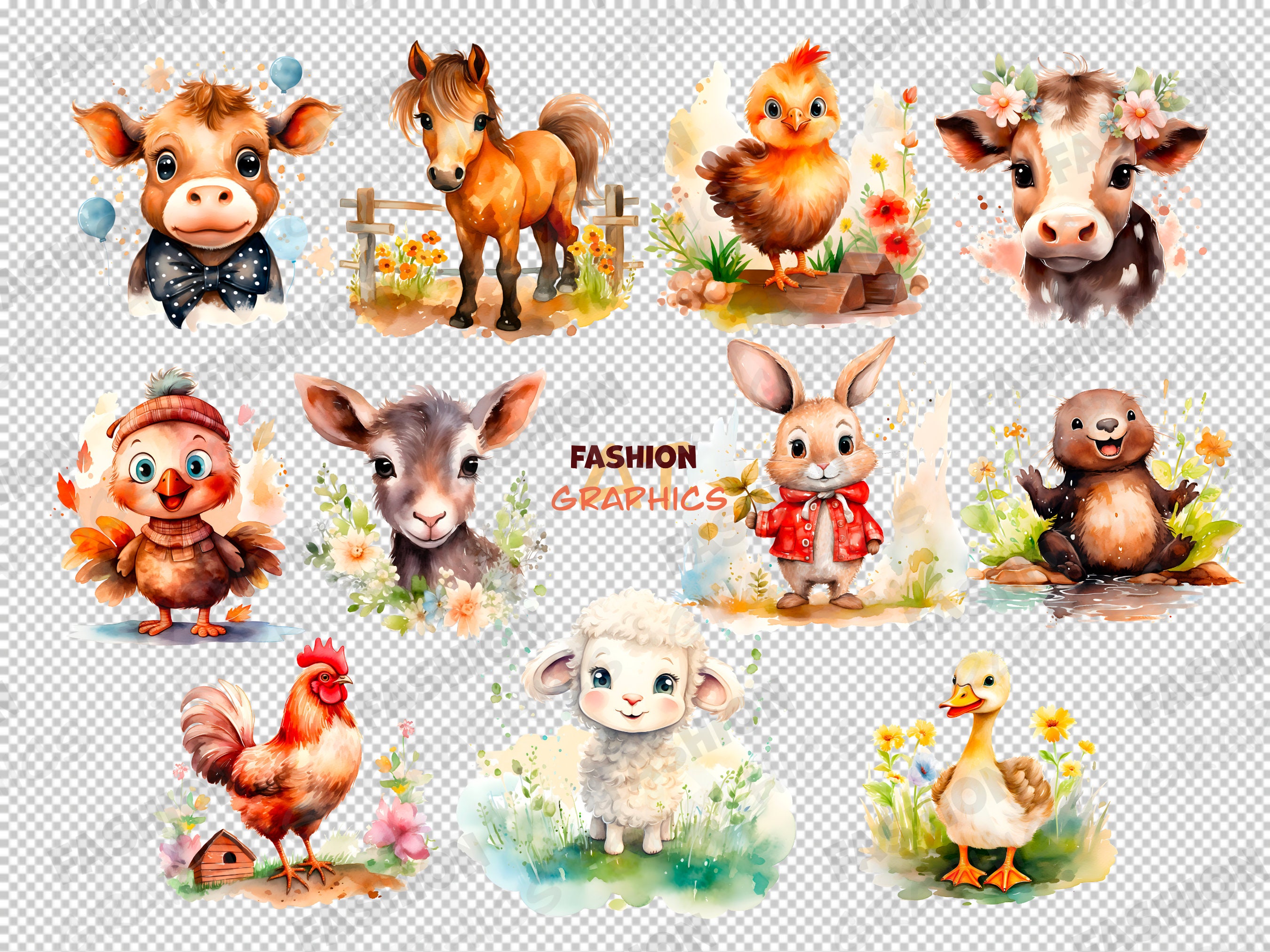 Cute FARM ANIMALS PNG Clipart Bundle, Watercolor Style. Ideal for ...