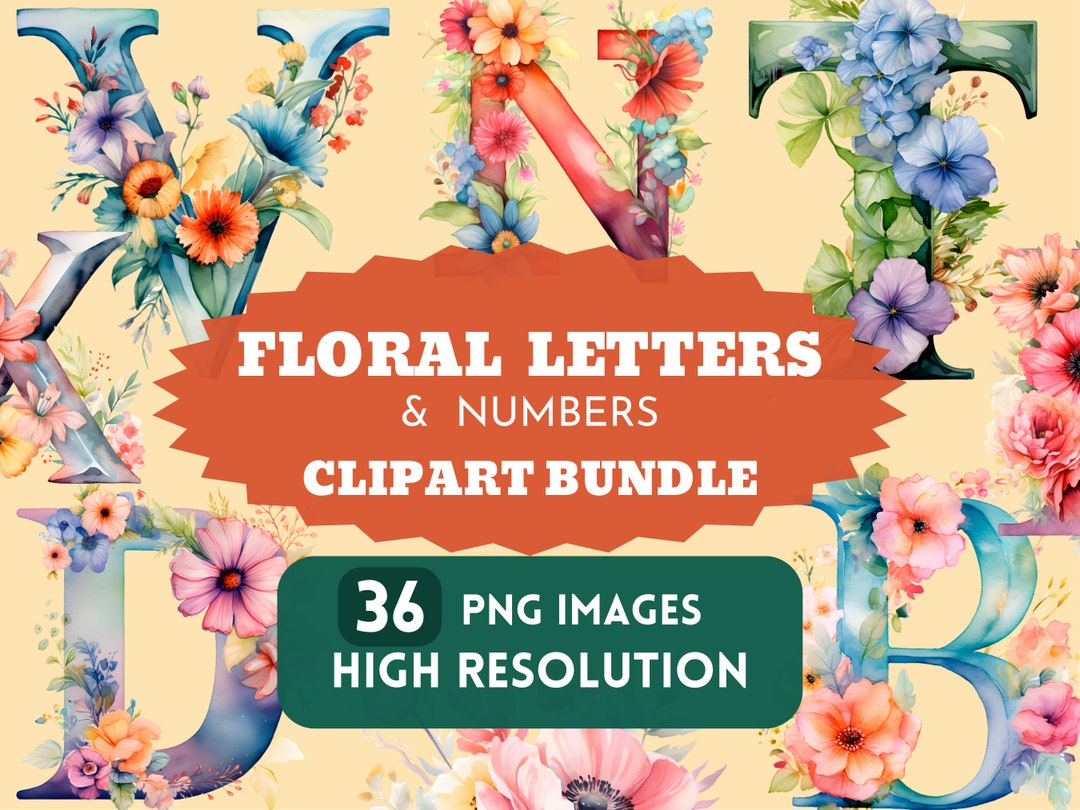 FLORAL LETTERS & Numbers PNG, Watercolor Clipart Bundle. Ideal for ...