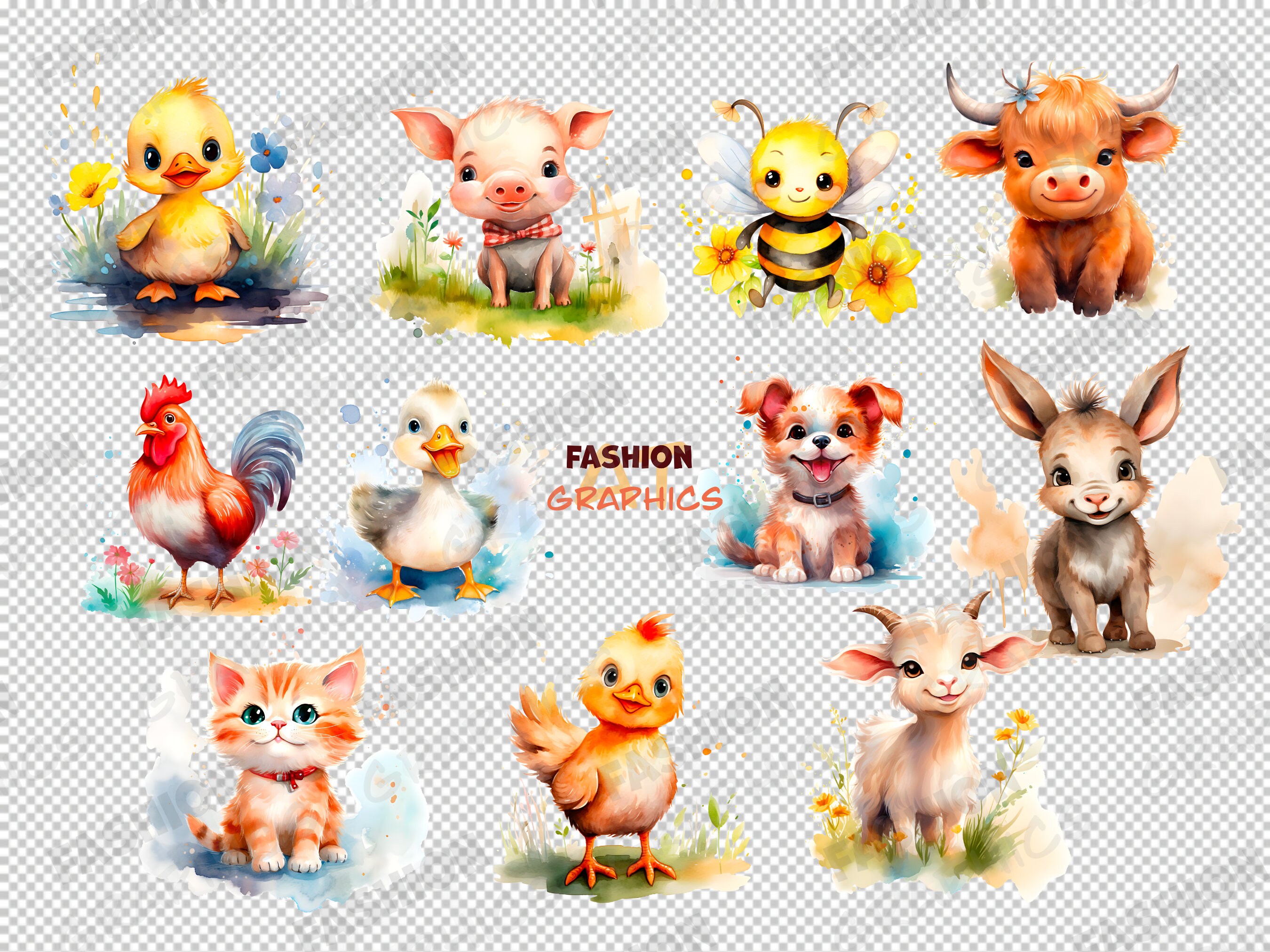 Cute FARM ANIMALS PNG Clipart Bundle, Watercolor Style. Ideal for ...