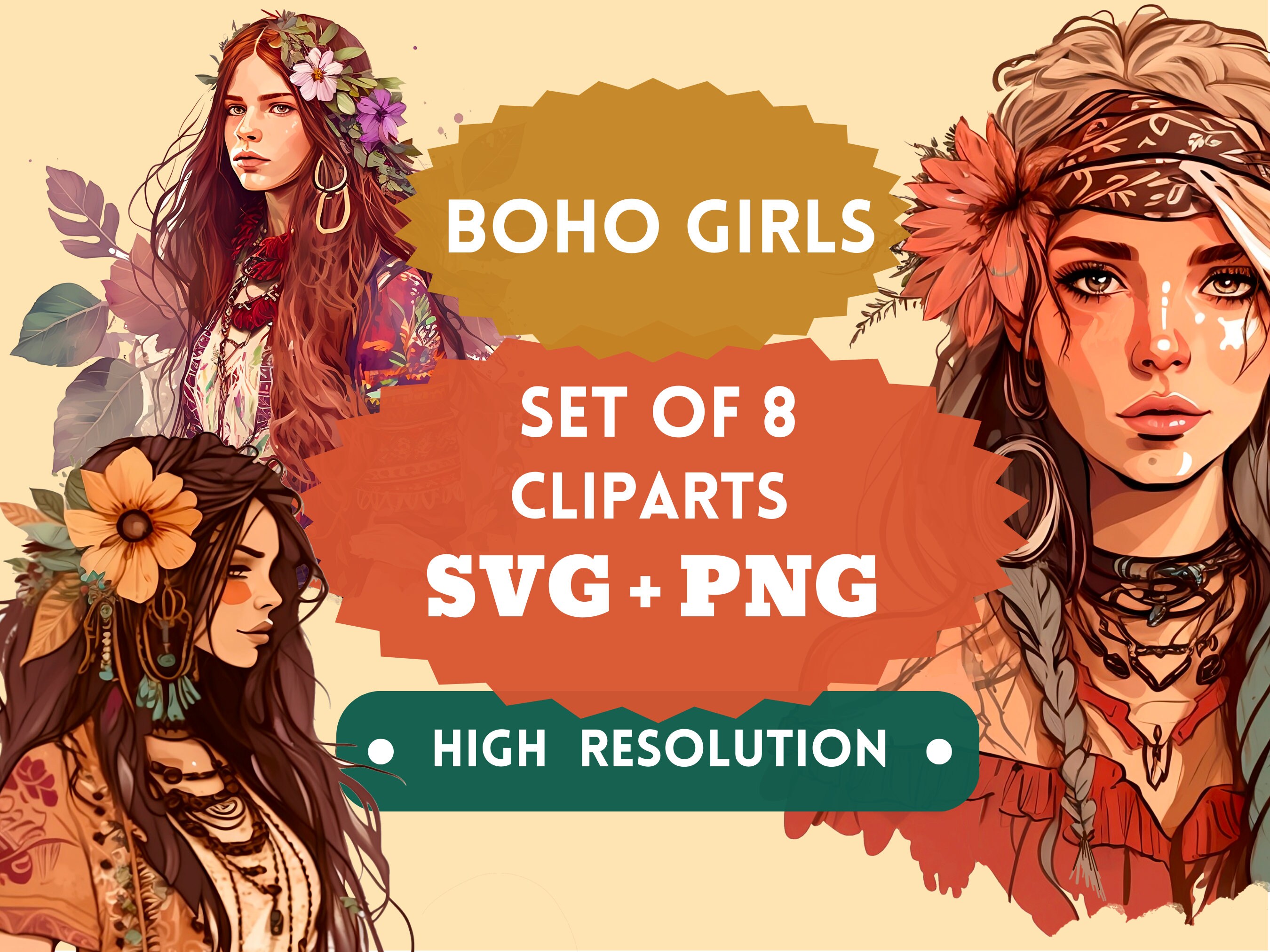 8 Boho Girls SVG Bundle. Boho Girl PNG Clipart Set. Instant Download ...
