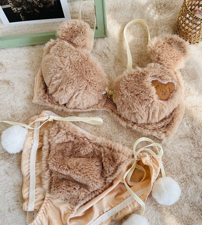Cute Fluffy Bear Ear Fur Women Lingerie Set A Sexy Bra Panty Etsy