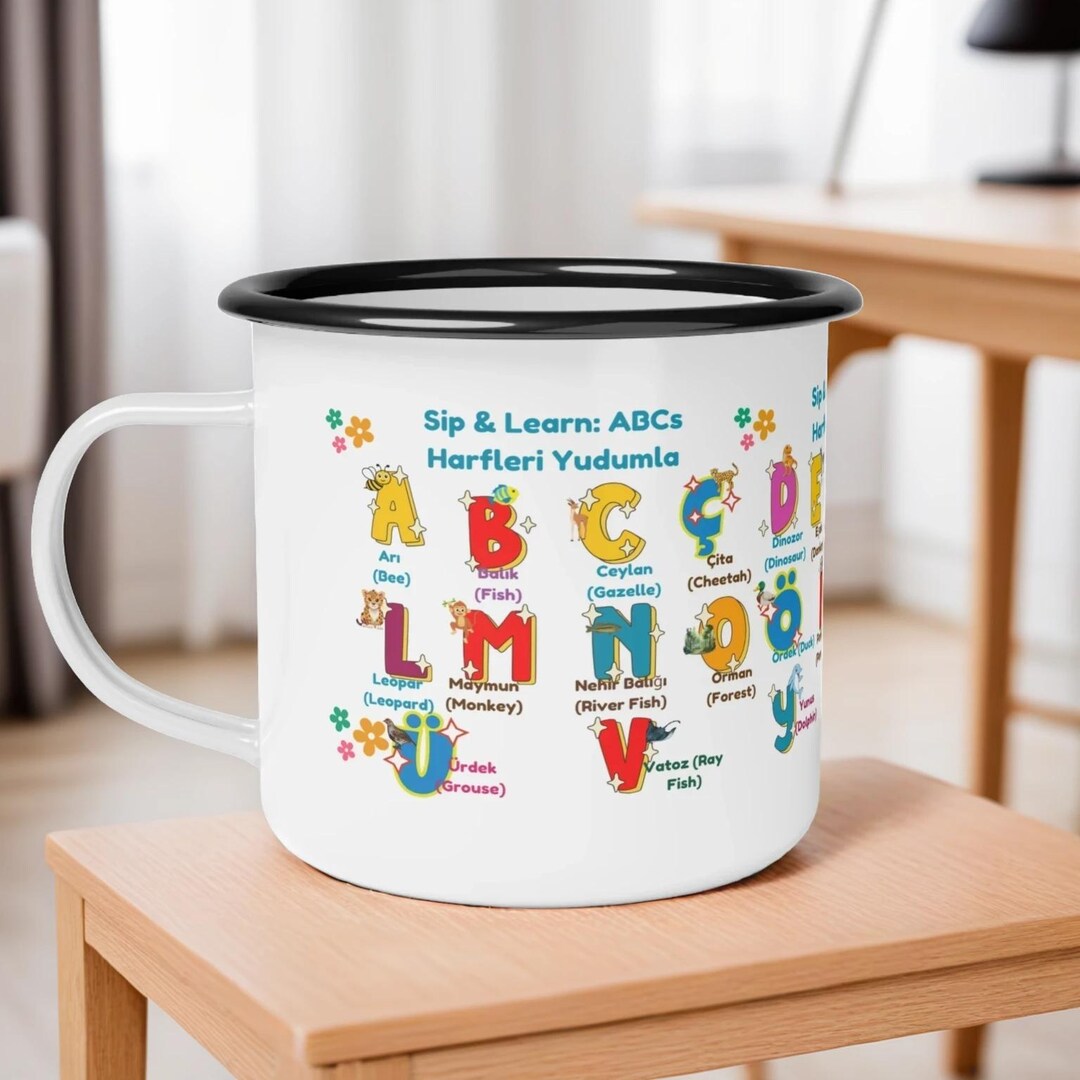 Bilingual ABC Enamel Mug for Kids Learn English and Turkish Alphabet With Animals Sip Learn Abcs ...