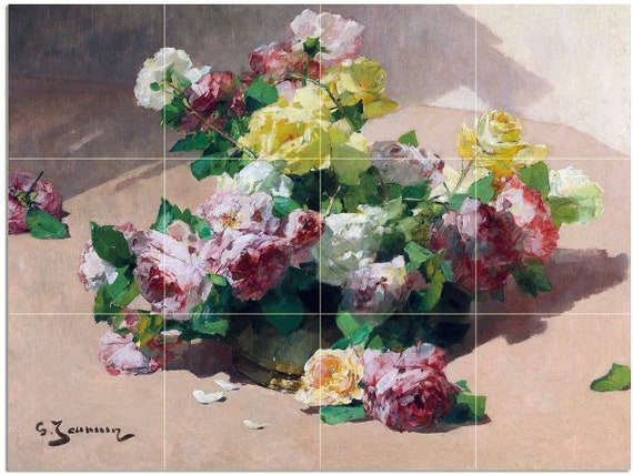 Still Life Flowers Bouquet of Roses Yellow Pink by Georges | Etsy