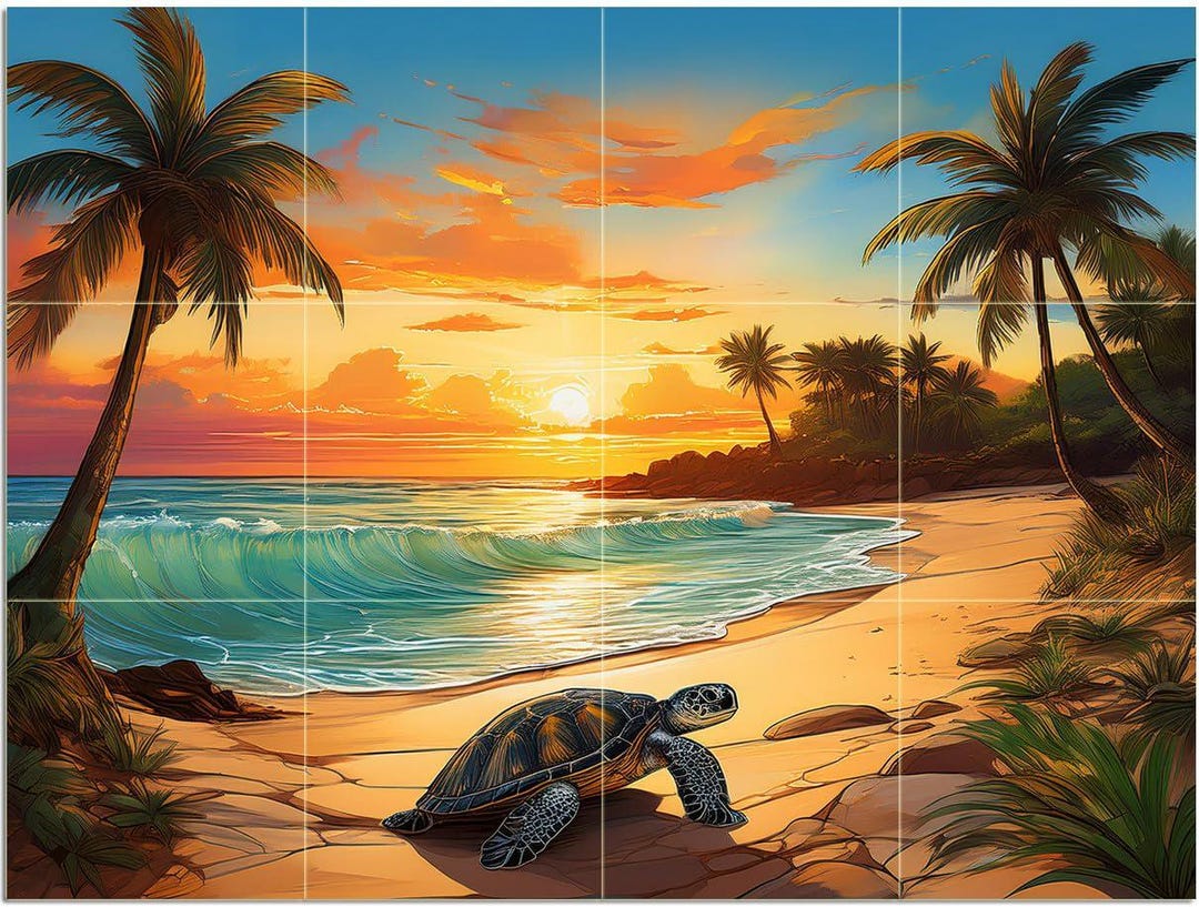 Seascape Ocean Waves Beach Palm Pattern A760 Art Tile Mural Kitchen ...