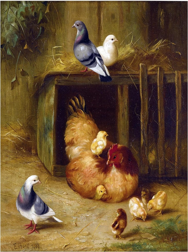 Pigeons and Chicks With Mother Hen by Edgar Hunt Accent Tile Mural ...
