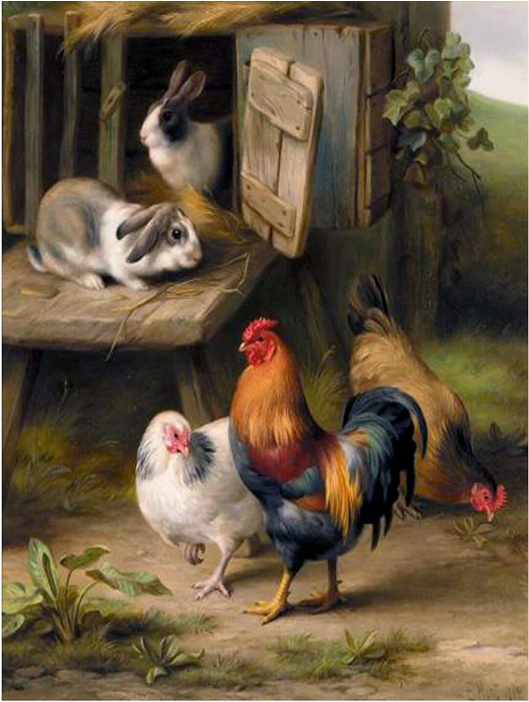 The Rabbit Hutch Rooster Farmyard by Edgar Hunt Accent Tile Mural ...