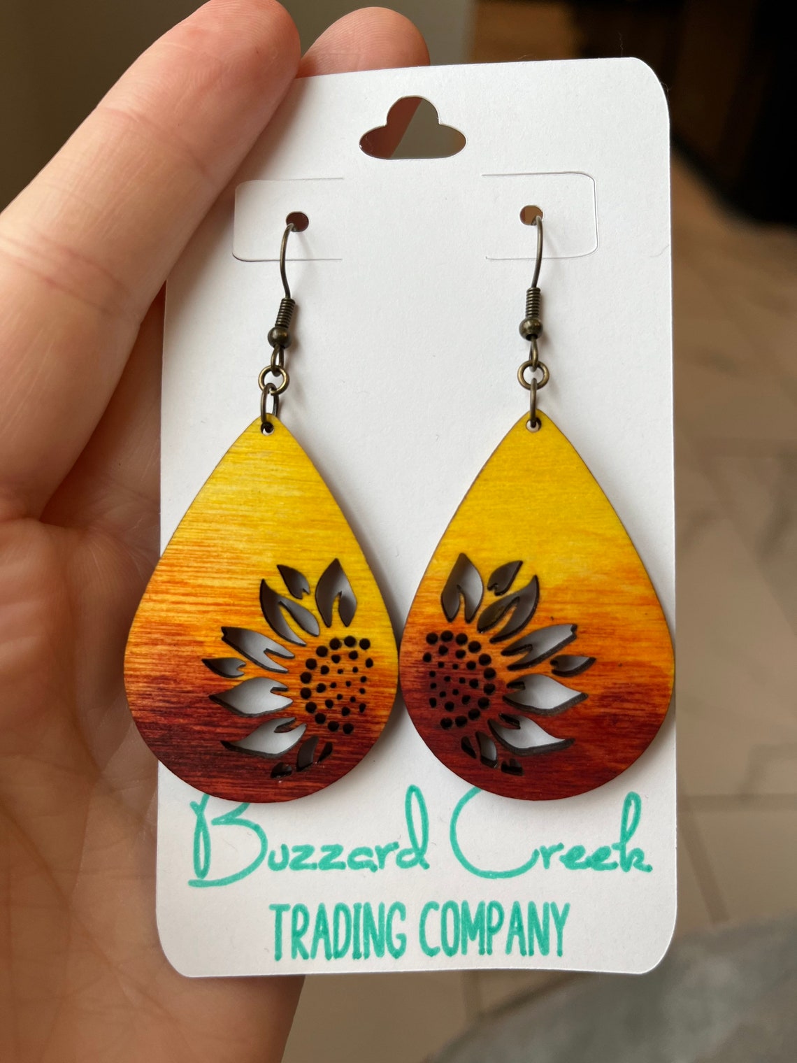 Sunflower Teardrop Earrings Wooden Boho Dangle Earring Jewelry - Etsy