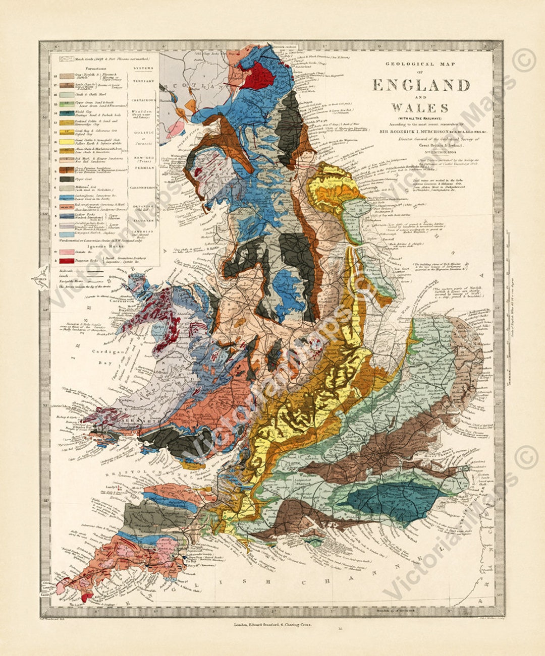 Old Antique Victorian Geological Map of England & Wales R. Murchison ...