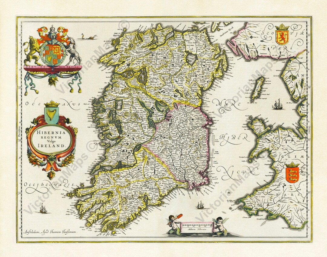 Antique Map Ireland Art Print Wall Decor Poster Janssonius Hondius 1638 ...