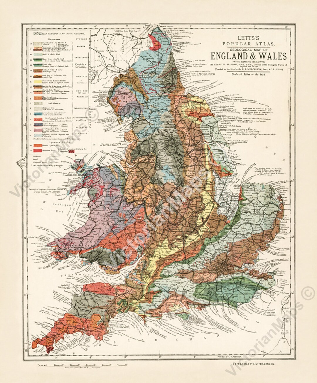 Old Antique Victorian Geological Map of England & Wales Lett's Popular ...