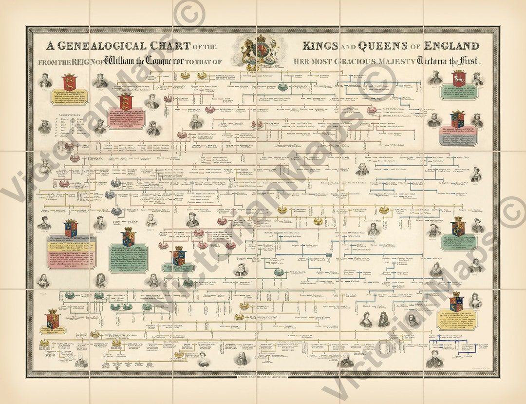 Antique Genealogical Chart Kings & Queens of England William to ...