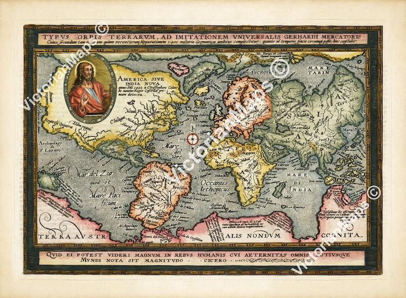 Antique World Map Art Print Wall Decor Poster Elizabethan Engraving ...
