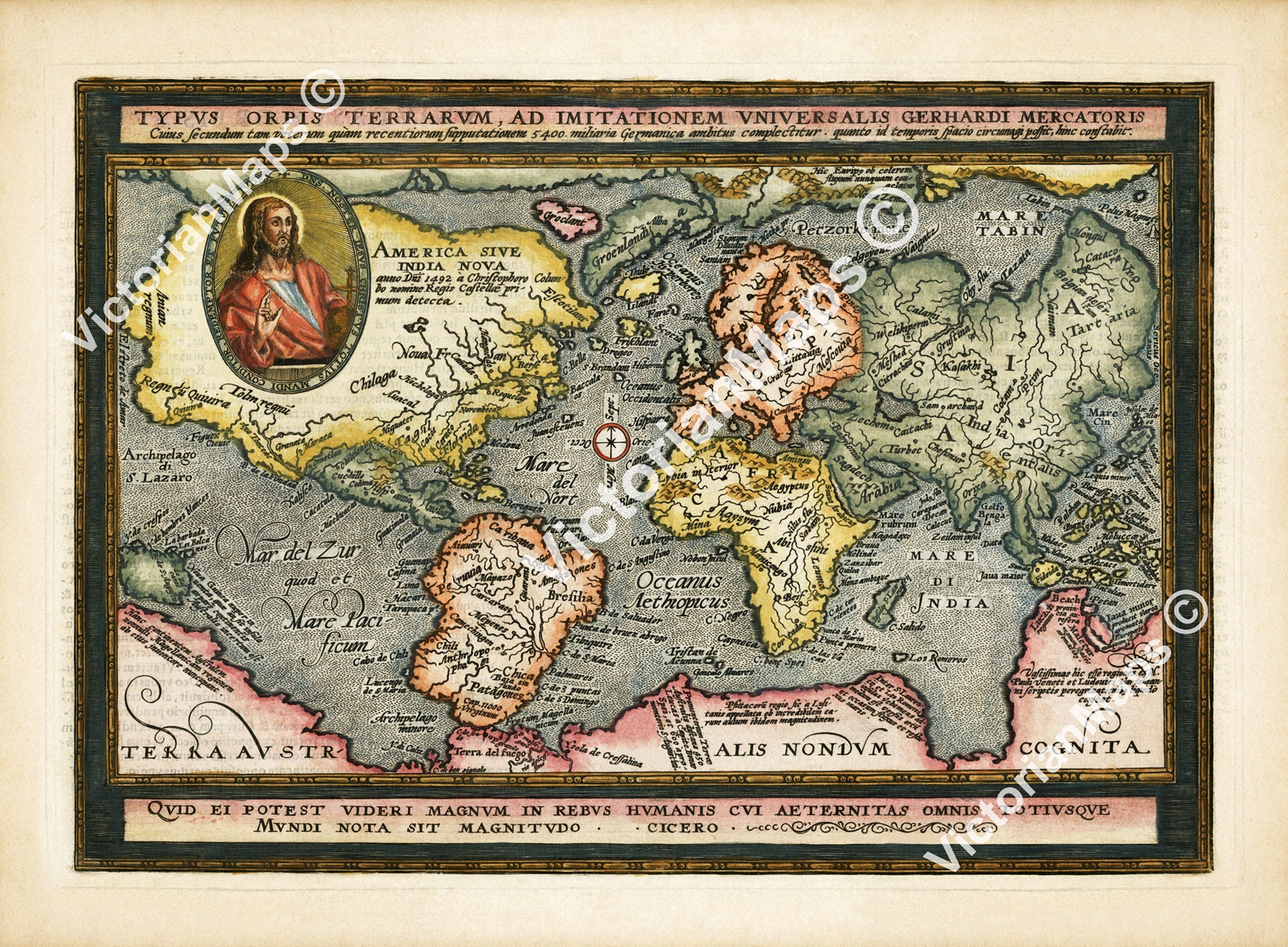 Antique World Map Art Print Wall Decor Poster Elizabethan Engraving ...