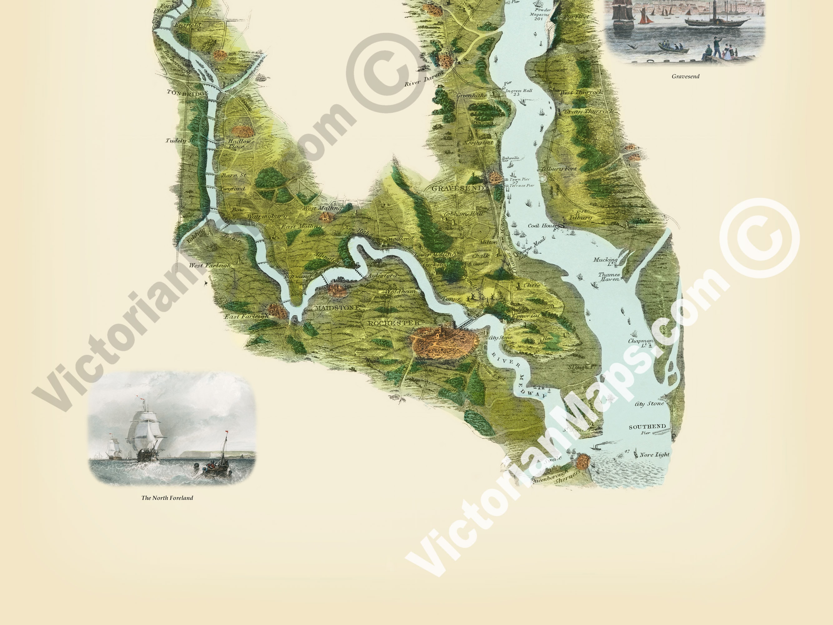 Old Antique Tombleson's Panoramic Map of River Thames 1850 +9 Inset ...