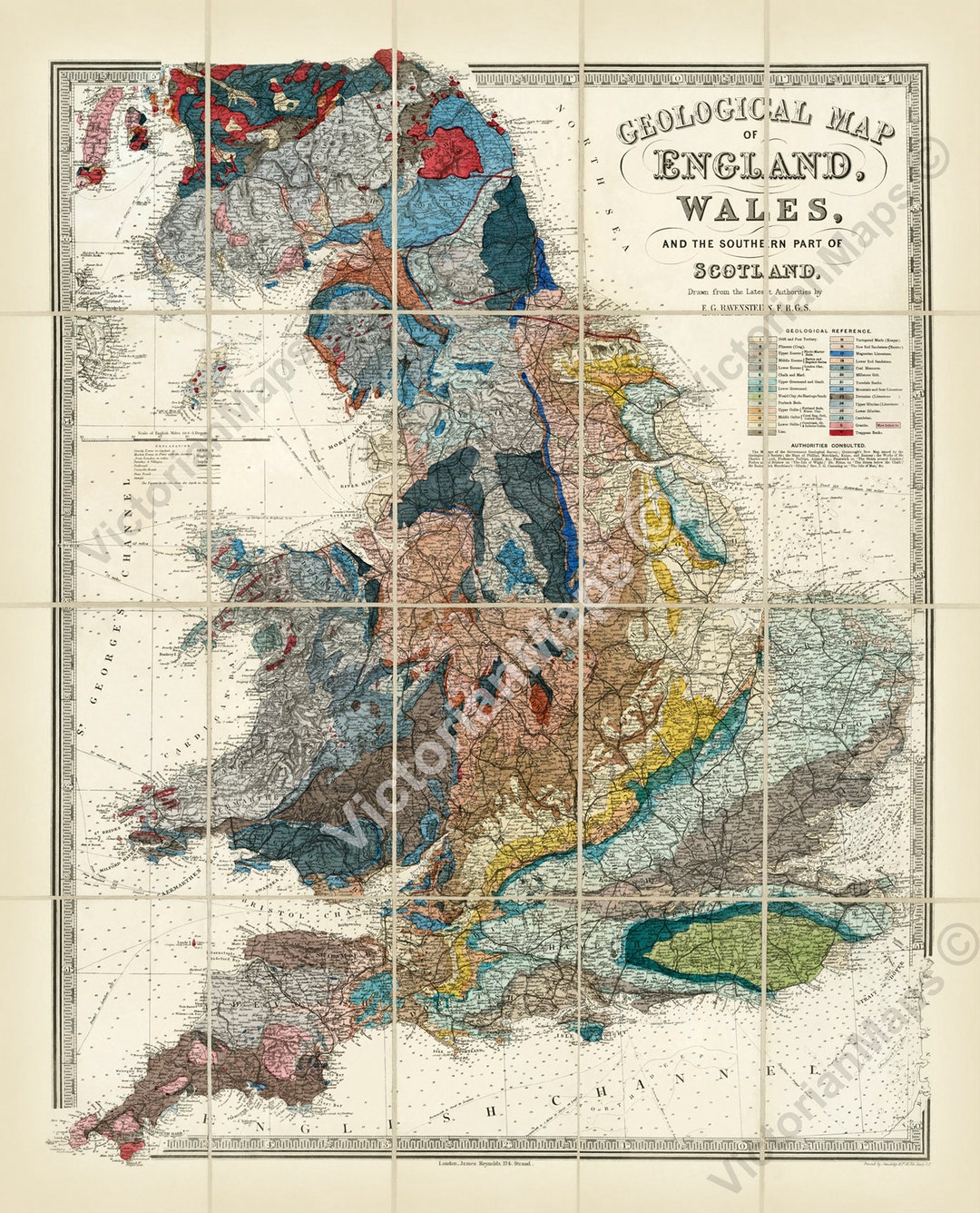 Old Antique Victorian Geological Map of England & Wales E G Ravenstein ...