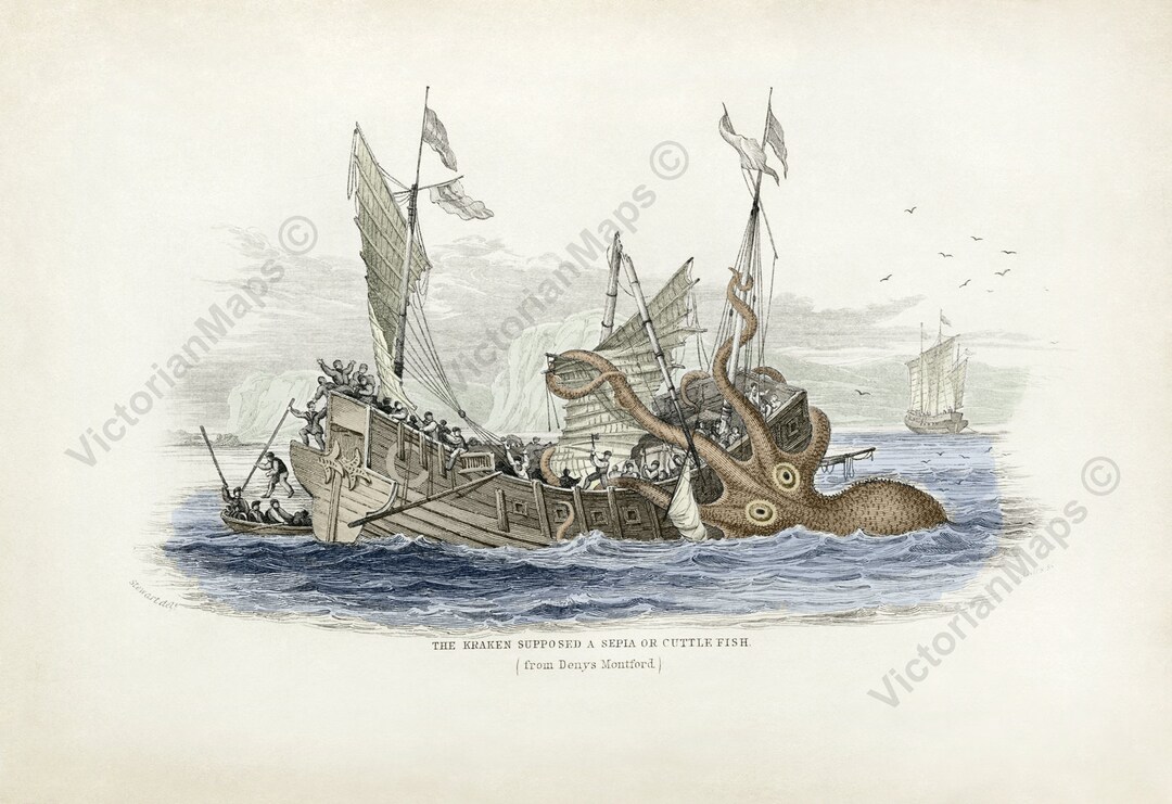 The Kraken Giant Octopus Sea Monster Attacks a Ship Sepia Cuttlefish ...