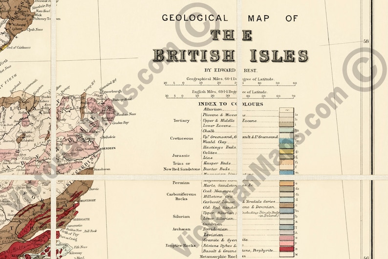 Old Antique Victorian Geological Map of the British Isles E. Best & E ...